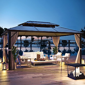 YOLENY 12'x16' Hardtop Gazebo, Outdoor Polycarbonate Double Roof Canopy, Aluminum Frame Permanent Pavilion with Curtains and Netting, Sunshade for Garden, Patio, Lawns