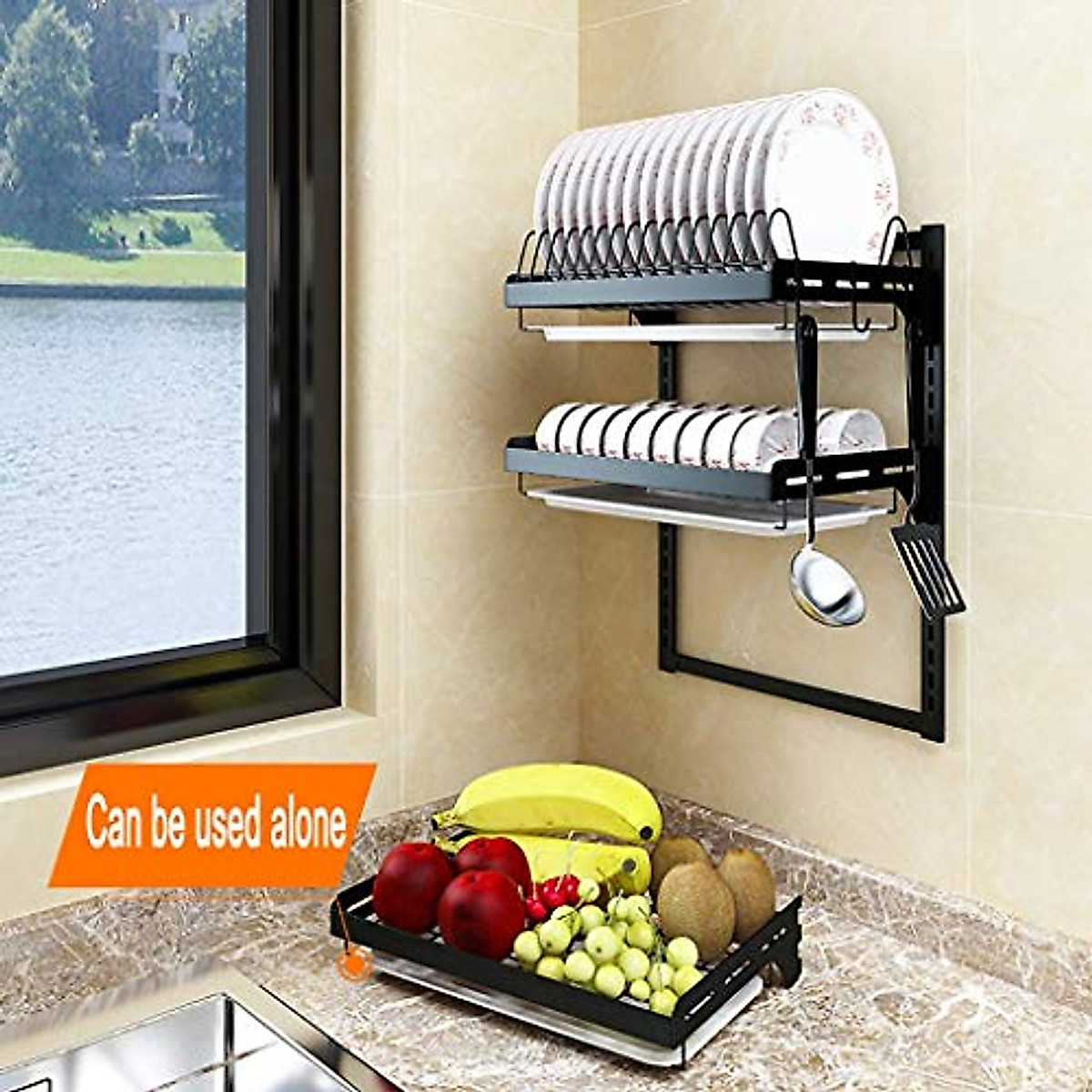 FEHUN Sinks,3 Tier 201 Stainless Steel Kitchen Wall-Mounted Dish Drying Rack Drain Rack