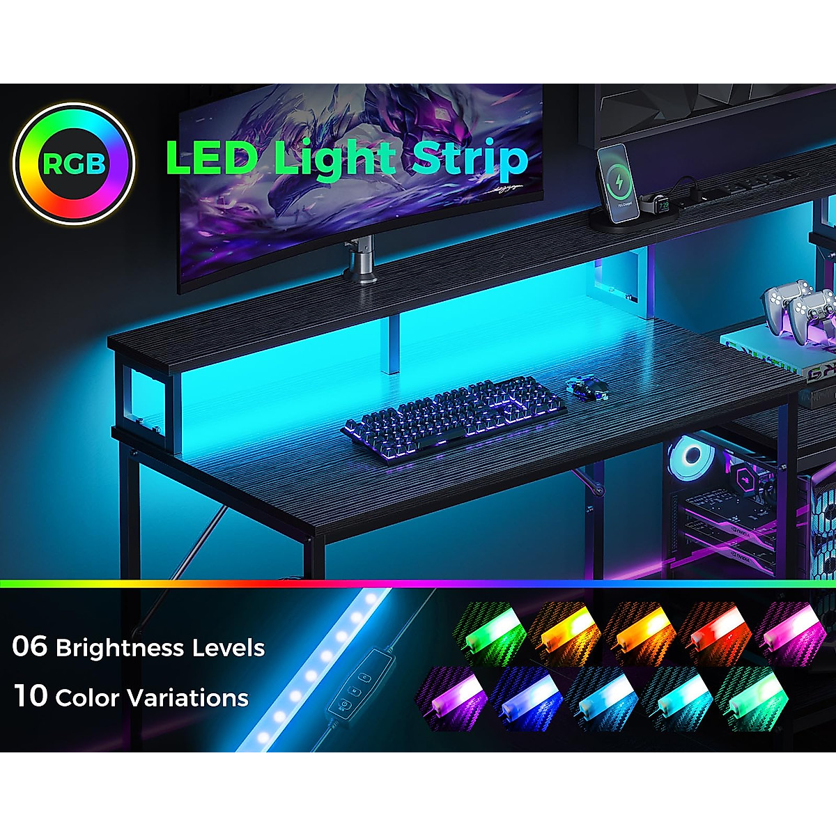 Coleshome 98 Inch 2 Person Gaming Desk with Storage Shelves- Long Double Home Office Computer Desks with USB Charging Port & LED Lights, Writing Desk with Monitor Stand, Modern Study/Work Table, Black