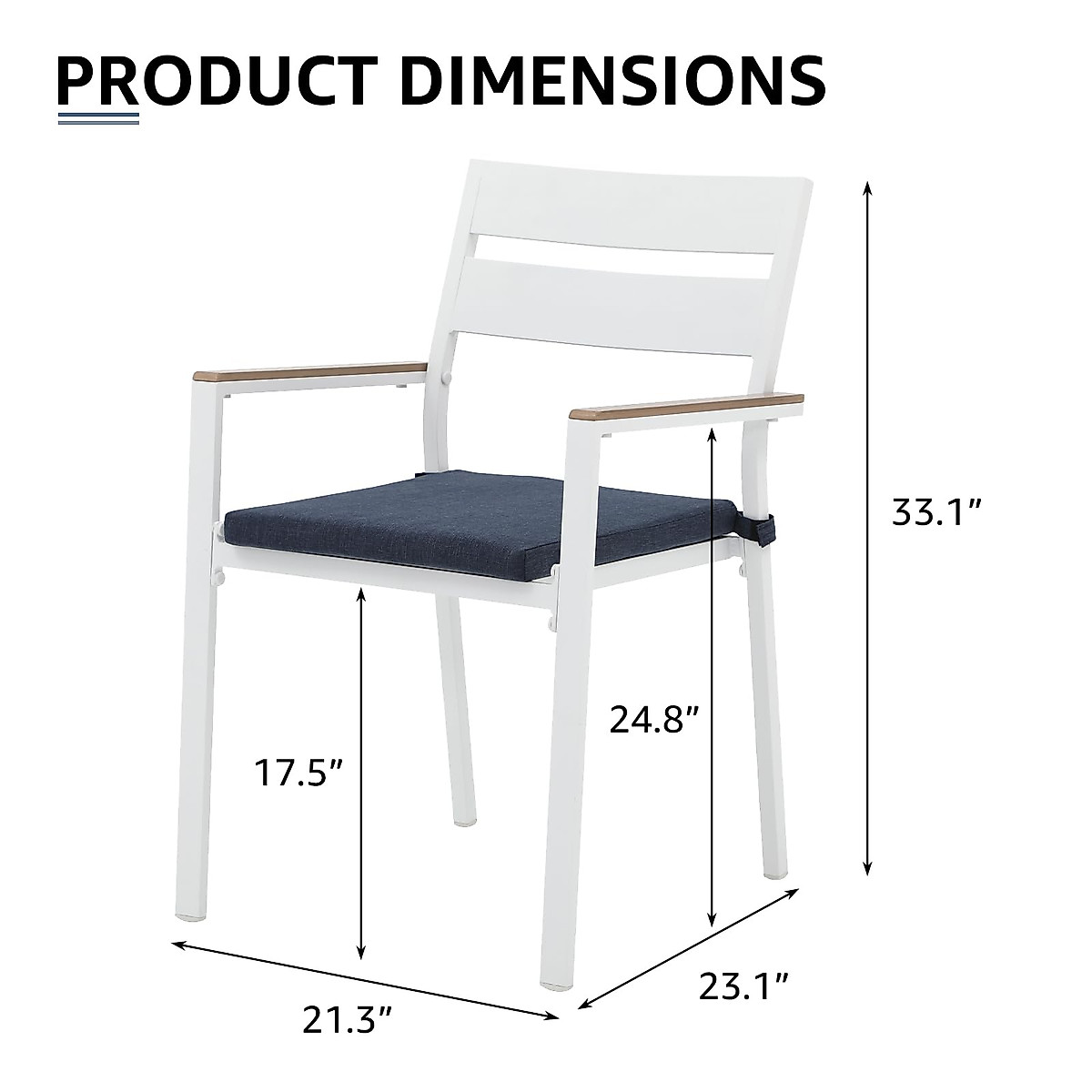 OC Orange-Casual Stackable Patio Chairs Set of 4, Outdoor Indoor Aluminum Dining Chairs w/Armrest & Cushion for Porch Backyard Garden, All-Weather Resistant, White Finish & Dark Blue Cushion