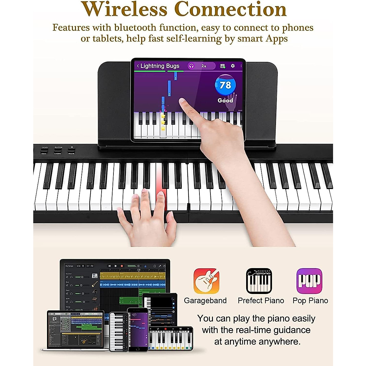 Folding Piano, Portable 88 Key Full Size Foldable Keyboard Piano Semi-Weighted Bluetooth with Light up Keys, Sustain Pedal and Handbag, Black, by Vangoa