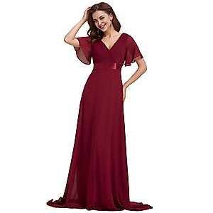 Ever-Pretty Women's Classic Chiffon Short Sleeve Pleated V-Neck Floor Length Bridesmaid Dresses Burgundy US14