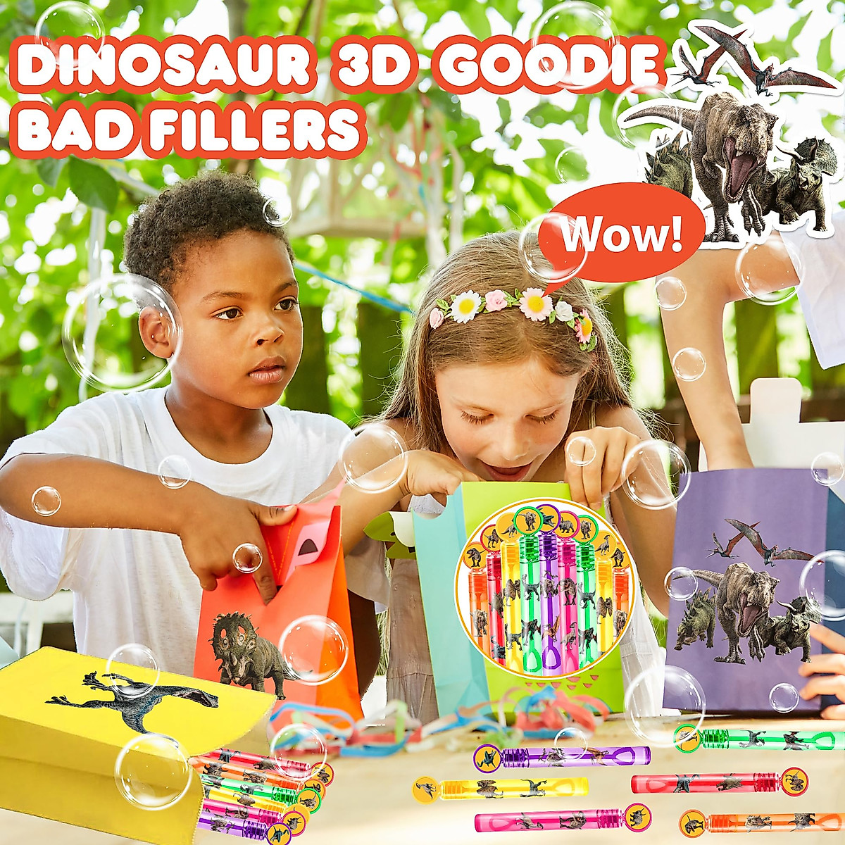 24PCS Dinosaur 3D DIY Bubble Wands Party Favors 96PCS Stickers for Goodie Bag Fillers Pinata Stuffers, Mini Bubble Bulk Birthday Party Supplies Toys Gifts Class Prizes for Toddlers Boys Girls