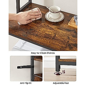 VASAGLE Hutch Bakers Rack with Power Outlet, 14 Hooks Microwave Stand, Adjustable Coffee Bar with Metal Wire Panel, Kitchen Storage Shelf, 15.7 x 31.5 x 66.9 Inches, Rustic Brown and Black UKKS025B01