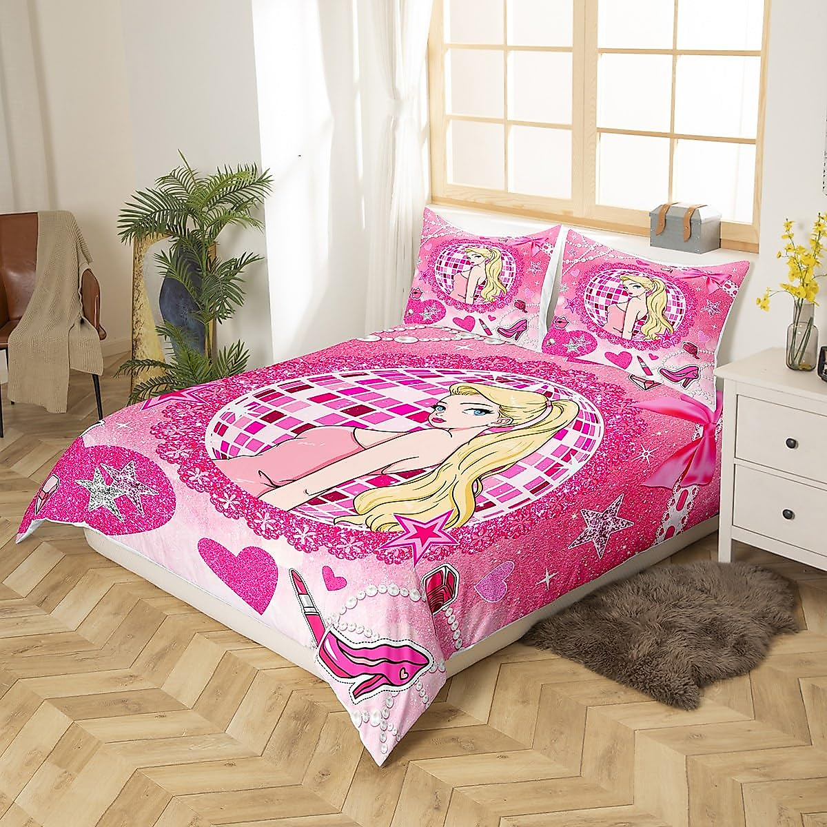 Pink Girly Princess Kids Duvet Cover Set Twin Size,High-heeled Shoes Lip Bowknot Romantic Bedding Set,Beauty Girls Room Decor,Glitter Sequin Diamond Comforter Cover,Dreamy Quilt Cover,1 Pillowcase