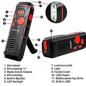 AiMoxa Portable Emergency Radio 【6.1" x 1.9" x 1.3"】, High Lumens Hand Crank Flashlight with Weather Radio, Power Bank for iPhone/Smart Phone, SOS Alarm for Home, Outdoor, Emergency kit