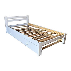 Amazonas White Twin Bed with Trundle Wooden Trundle Bed Twin Size Solid Pine Wood and Hardwood Slats Support Kids Bed Boy Girl Wooden Bedroom Furniture