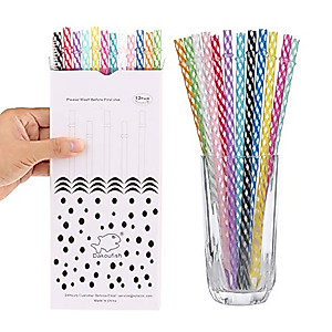 Dakoufish 12 Piece 11 Inch Reusable Plastic Thick Drinking Straws BPA Free Mason Jar Straws Transparent Small Stripe (11inch, Mix 12color)