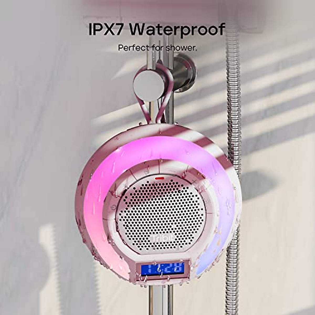 Tribit AquaEase Bluetooth Shower Speaker, IPX7 Waterproof Wireless Speaker, 18H Playtime, Built-in Mic, Mini Speaker with Light, Stereo Pair, App Control, Portable Speaker for Outdoor and Home (Pink)