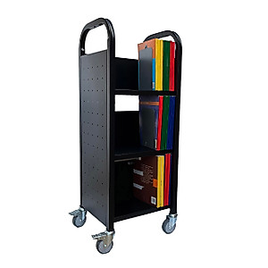Workington Single Bank Rolling Book Truck Book Cart with 3 Flat Shelves, Library Book Cart with Swivel Lockable Casters 3000 Black