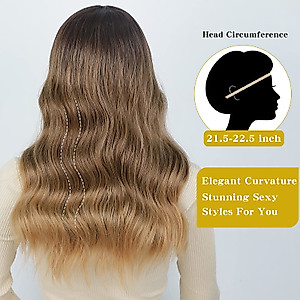 AISI QUEENS Long Wavy Ombre Wig Brown Mixed Blonde Synthetic Middle Part Wigs for Women Heat Resistant Hair Replacement Wigs for Daily Wear 20 Inch