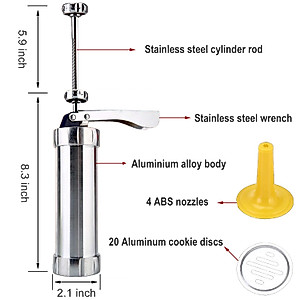 Spritz Cookie Press Gun Kit, Stainless Steel Biscuit Press Cookie Gun Set with 20 Cookie discs and 4 nozzles for DIY Biscuit Maker and Churro Maker