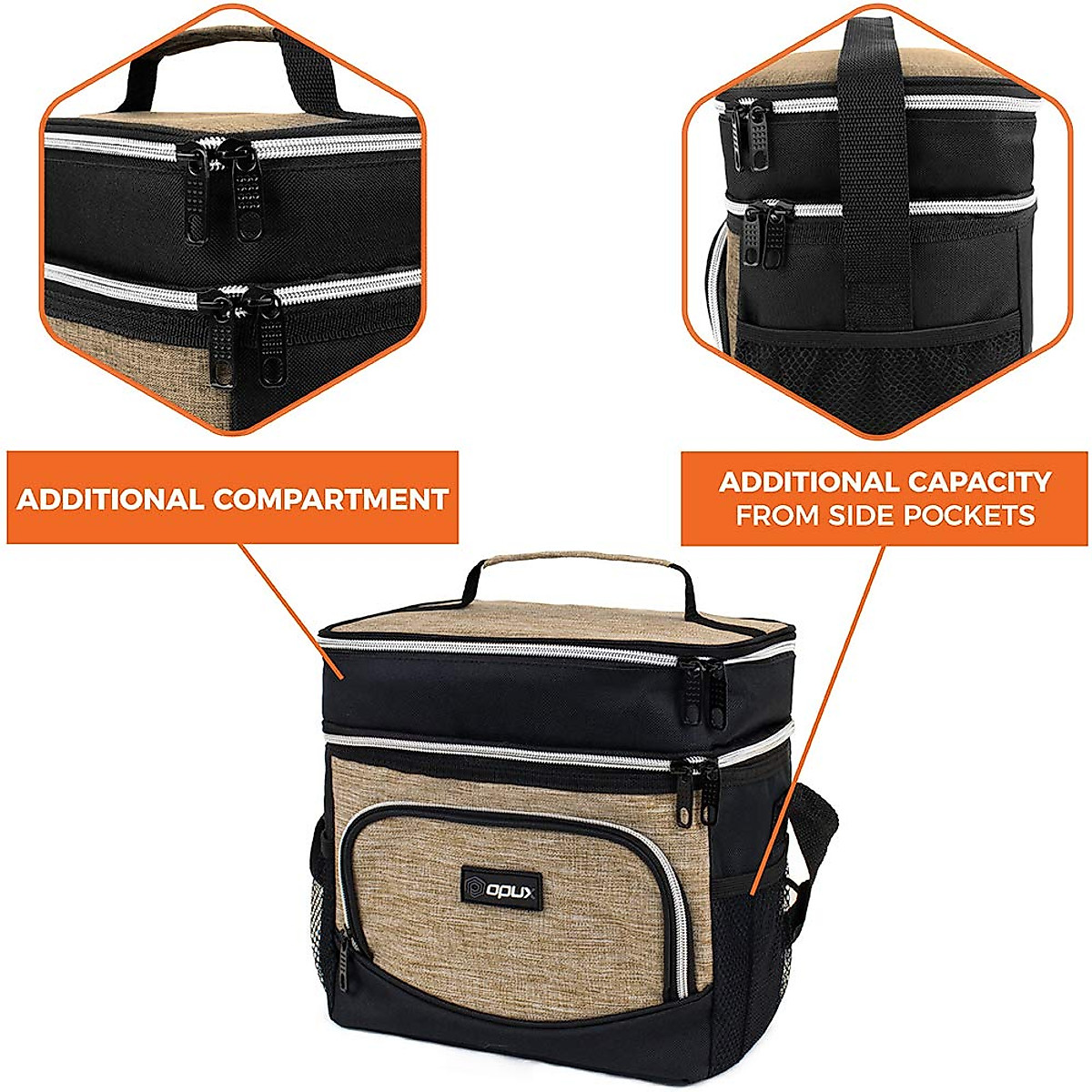 opux Insulated Dual Compartment Lunch Box Men Women | Leakproof Double Deck Lunch Bag Work Office | Soft Cooler Tote Strap Adult | Reusable Thermal Lunch Pail 12 Cans, Brown Tan Taupe Beige