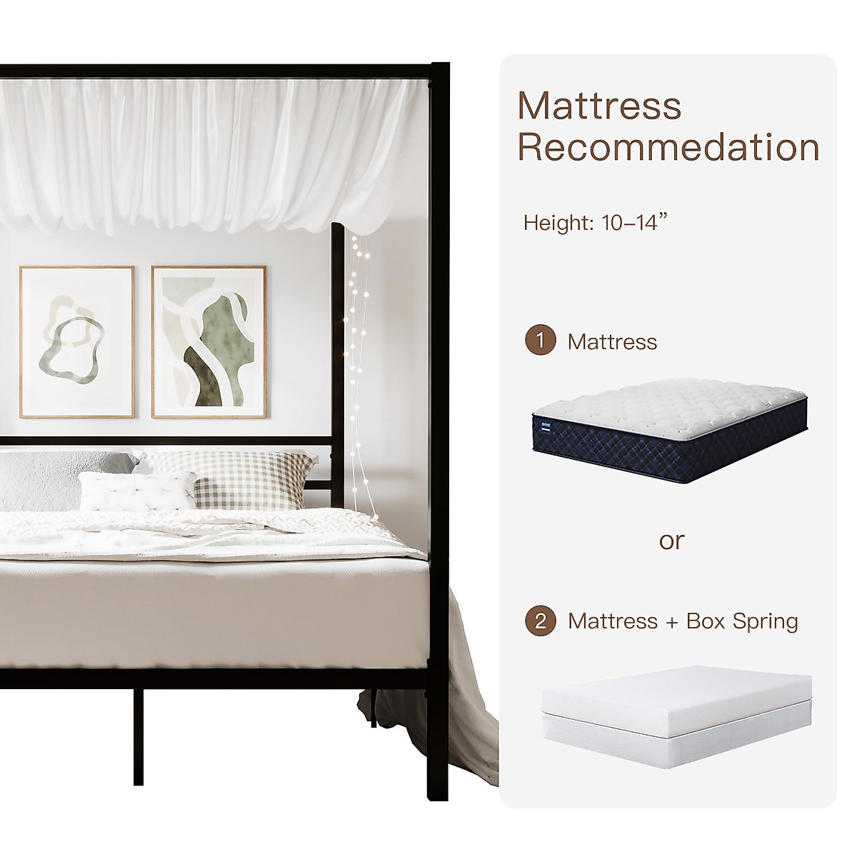 ikalido Full Size Metal Canopy Bed Frame, Modern Four-Poster Platform Bed Frame, Mattress Foundation, Under-Bed Storage Space, No Box Spring Needed, Black