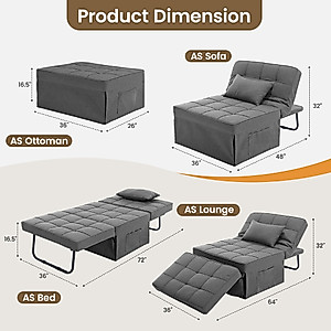 YOUDENOVA Sofa Bed, 4 in 1 Multi-Function Convertible Ottoman Chair Bed, Modern Breathable Linen Folding Couch Bed with Adjustable Backrest for Living Room Apartment Office, Light Grey
