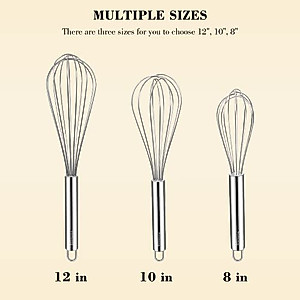 NileHome Stainless Steel Whisk Set 8" 10" 12" Kitchen Whisk Balloon Whisk Kitchen Wisk Wire Whisks for Cooking, Whisking, Blending, Beating, Stirring-3 Pack…