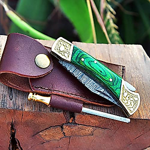 HF ENTERPRISES Damascus Steel Pocket Folding Knife for Men green wood handle 4 pcs, Hunting Fishing Camping knives with leather sheath, Gift