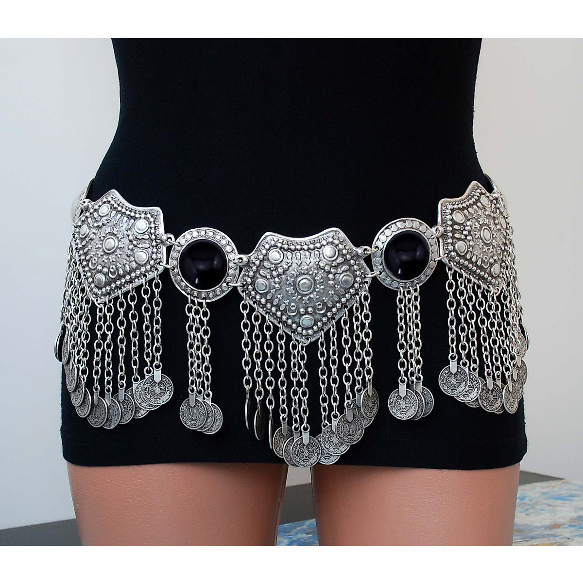 Idealway Vintage Turkish Gypsy Alloy Coin Belly Body Chain Waist Chain Beach Bohemian Festival Body Coin Belt Belly Jewelry for Women … (Body chain black)