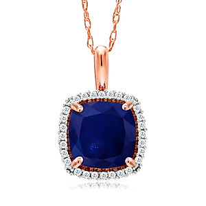 Gem Stone King 10K Rose Gold Gemstone Birthstone and White Diamond Halo Pendant Necklace | Cushion Cut 7MM | Rose Gold Necklace for Women | with 18 Inch Chain