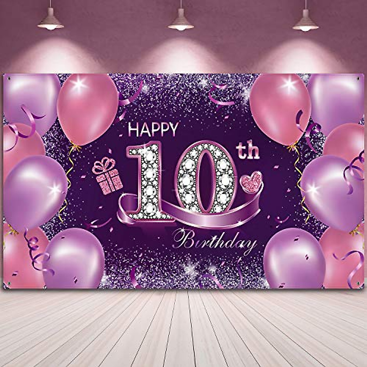 Happy Birthday Party Decorations, Large Fabric Pink Purple Happy 10th Anniversary Birthday Sign Banner Photo Booth Backdrop Background with Rope for Girls Birthday Party Favor, 72.8 x 43.3 Inch