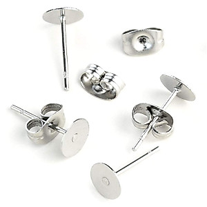 100pcs Adabele 316 Grade Surgical Stainless Steel Hypoallergenic Stud Earring Posts Findings 6mm Glue On Flat Pad with 100pcs Earnut Backs Earrings Making SEF221-6