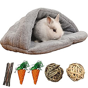 kathson Rabbit Cave Sleeping Bed Guinea Pig Hideout Cozy House Pet Soft Warm Fleece Winter Slipper Cushion Small Animal Nest Cage Accessories for Ferrets Squirrel Hamster Chinchilla Rat Hedgehog Bunny