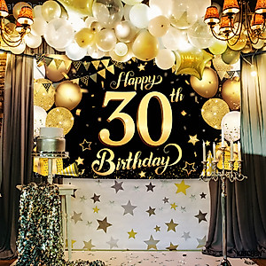 KatchOn, Happy 30th Birthday Backdrop - Large, 72x44 Inch | Black and Gold 30th Birthday Decorations | Happy 30th Birthday Banner for 30th Birthday Party Men, Women