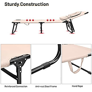 Giantex Outdoor Chaise Lounge Chair - Folding Beach Chair with 5 Adjustable Positions, Hole, Detachable Pillow, Hand Ropes, Lounger for Sunbathing, Poolside, Yard, Patio Lawn Chair (1, Beige)