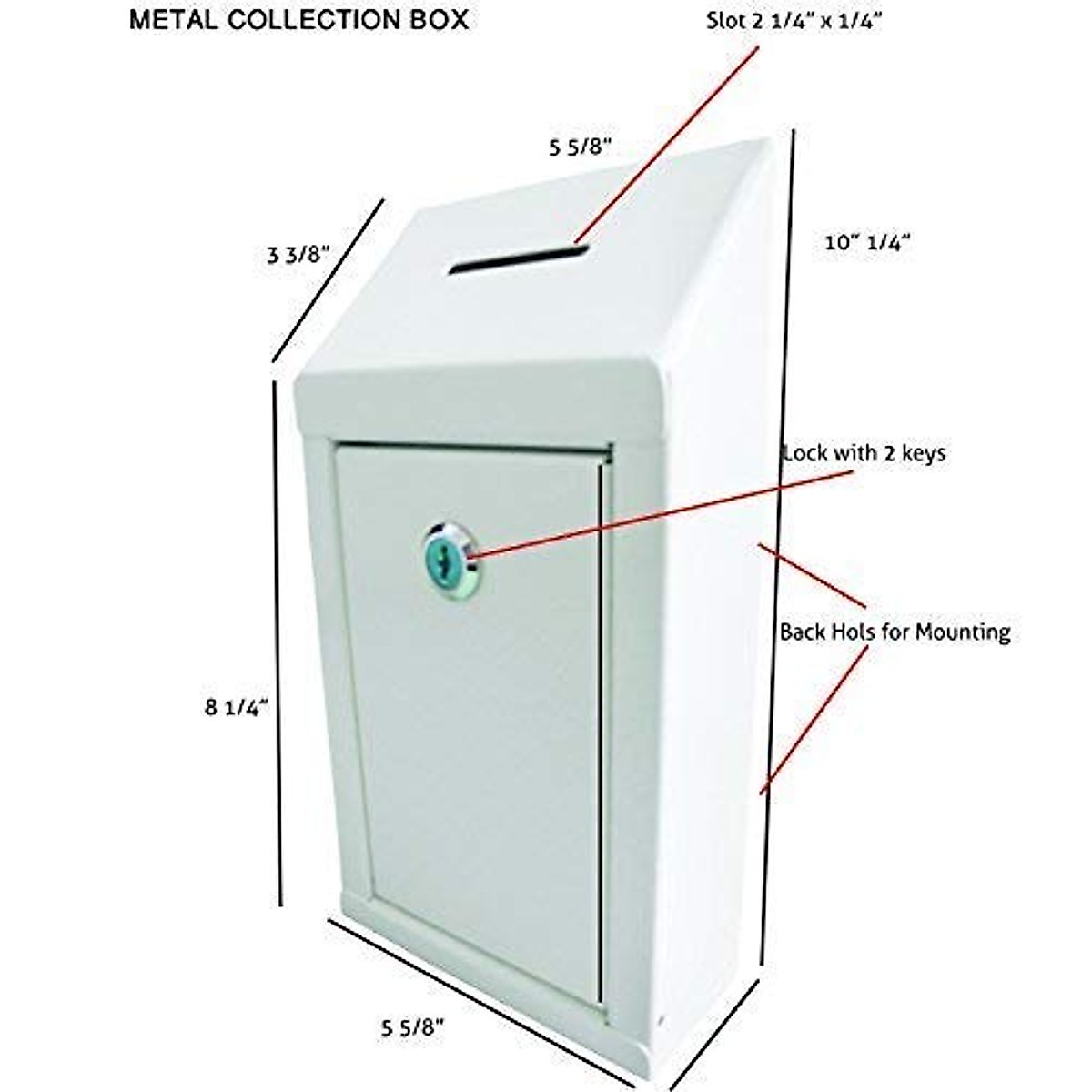 Metal Donation Box & Collection Box Office Suggestion Box Secure Box With Top Coin Slot and Lock Included with 2 Keys - Easy Wall Mounting or Counter Top Use (Black)