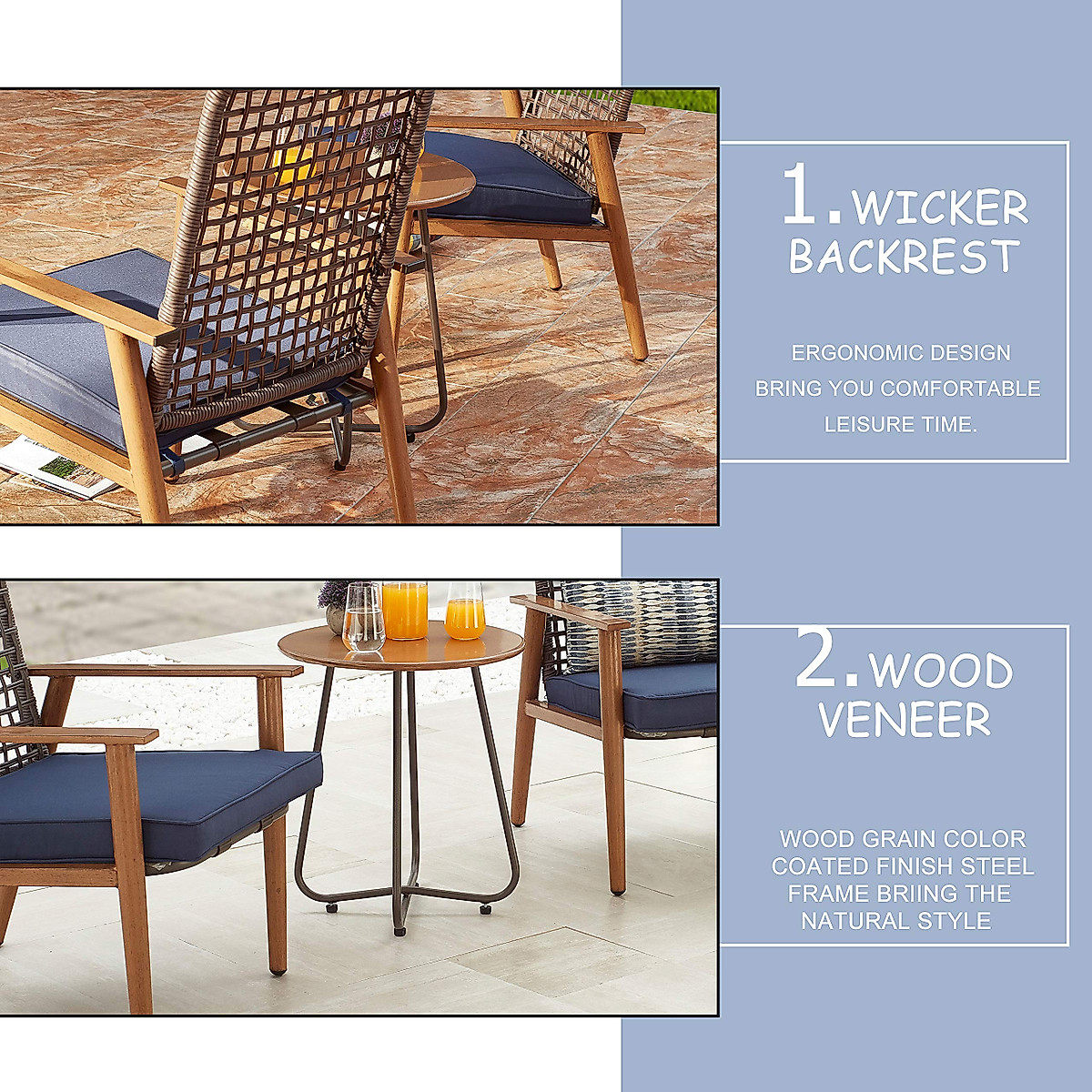 LOKATSE HOME Outdoor Patio 3 Piece Conversation Set Wicker Furniture 2 Cushioned Chairs and Side Table Modern Style, Blue