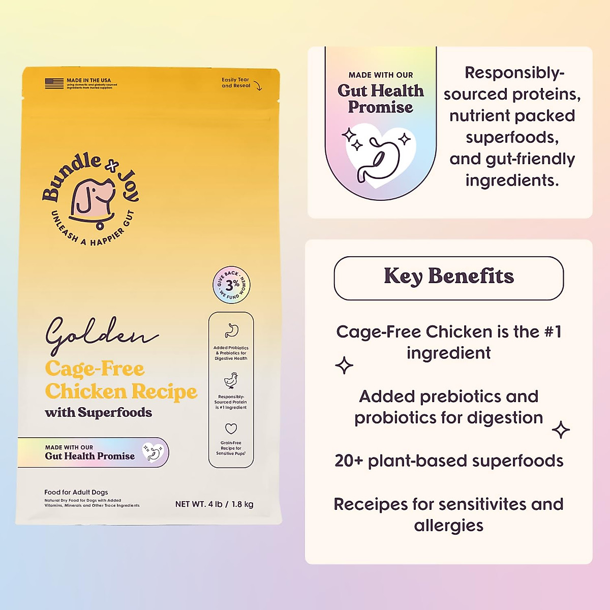 Bundle x Joy Golden Probiotic Dog Food Dry, Chicken, 18lb Bag, Natural Grain Free Adult Kibble for Digestive Health Made with Real Chicken, 20 Plant Based Superfoods, Corn, Poultry & Soy Free