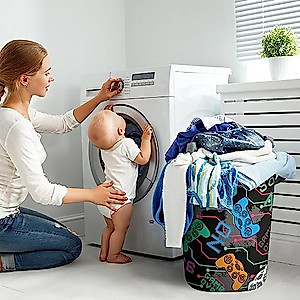 HoaMoya Collapsible Colorful Joysticks Gamepad Laundry Basket Cool Gamer Slogan Freestanding Laundry Hamper With Handles Large Waterproof Cloth Toy Storage Bin for Household Bedroom Bathroom