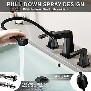 KAIYING 8 Inch Widespread Bathroom Faucet, 3 Piece Pull Down Bathroom Faucet, Bathroom Faucet 3 Hole with Pull Out Sprayer, Two Handle Vanity Faucet with Overflow Pop Up Drain (Matte Black)