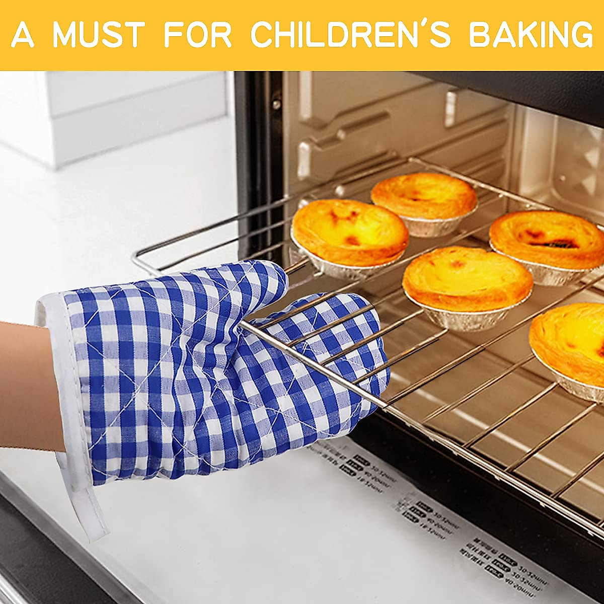 DOERDO 2 Pack Kid Oven Mitts for Children Heat Resistant Kitchen Mitts, Great for Cooking Baking, Age 4-12 (7"x4.7", Blue)