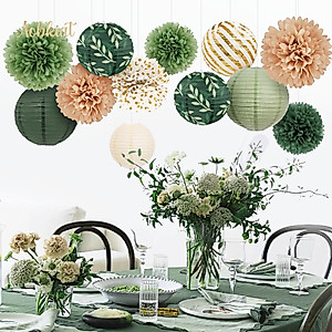 AOBKIAT Wedding Party Decorations Set,12PCS Olive Green Sage Paper Pom Poms Lanterns with Olive Leaf,for Engagement,Baby Shower,Bridal Shower,Boho Party