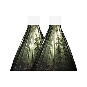 Kitchen Towels with Hanging Loop 2 Pack, Green Forest Sunrise Soft Absorbent Hand Towels for Bathroom Bar Home Decor Nature Tree Dish Towels Reusable Washable Cleaning Cloth