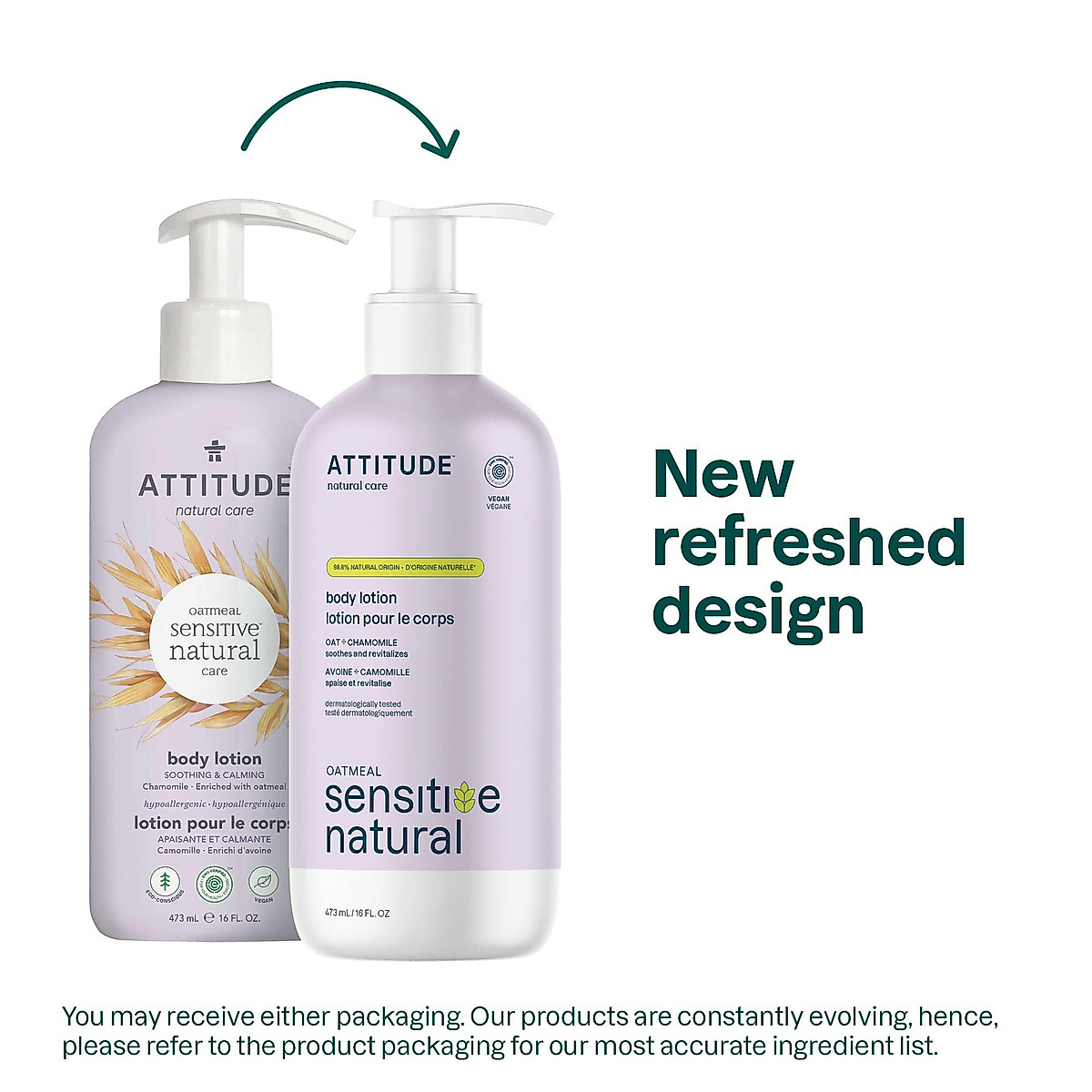 ATTITUDE Body Lotion for Sensitive Skin with Oat, EWG Verified, Dermatologically Tested, Vegan, Chamomile, 16 Fl Oz