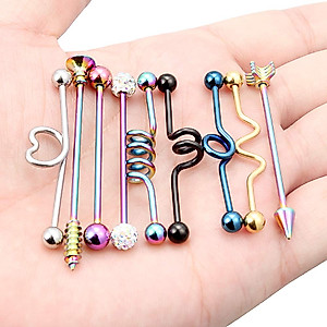 Dyknasz 9Pcs 14G Surgical Steel Industrial Barbell Earrings Arrow Screw Ball Cartilage Helix Piercing Body Jewelry for Women Men Black Rainbow Gold Silver Heart Twister Spiral Coil 38mm