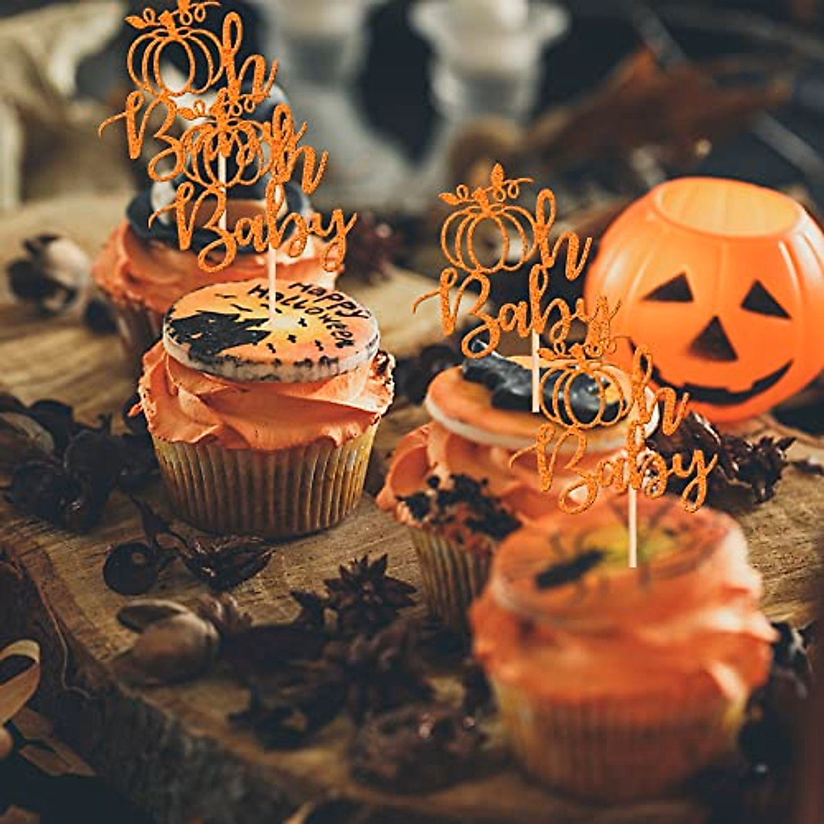 24 PCS Pumpkin Oh Baby Cupcake Toppers Glitter Fall Theme pumpkin Cupcake Picks Baby Shower Cake Decorations for Pumpkin Theme Gender Reveal Kids Birthday Party Supplies Orange