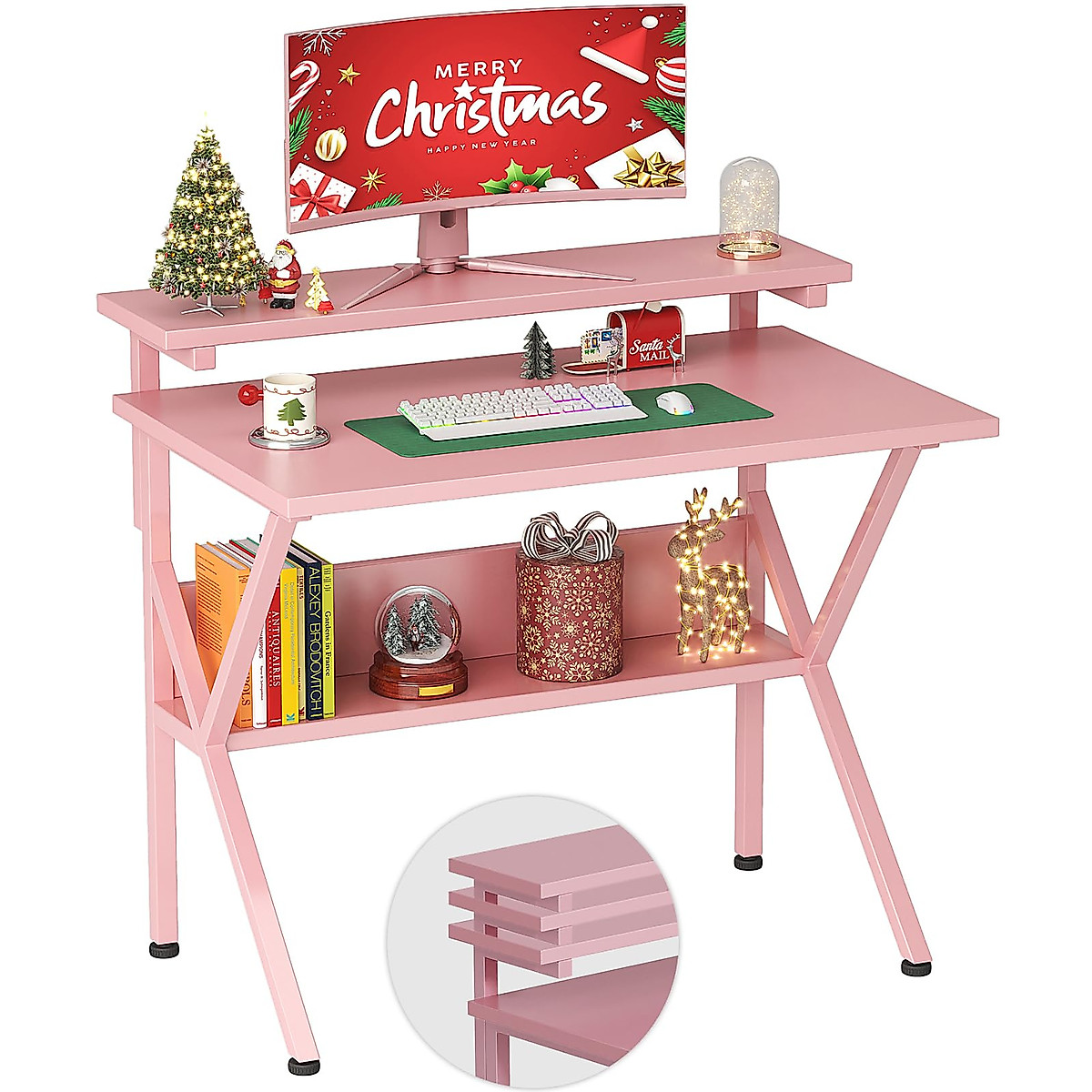 COTUBLR Small Desk, 27.5 Inch Small Computer Desk for Small Spaces, Computer Desk with Adjustable Monitor Stand, Compact Desk with Storage, Tiny Desk Study Desk for Bedroom Home Office, Pink