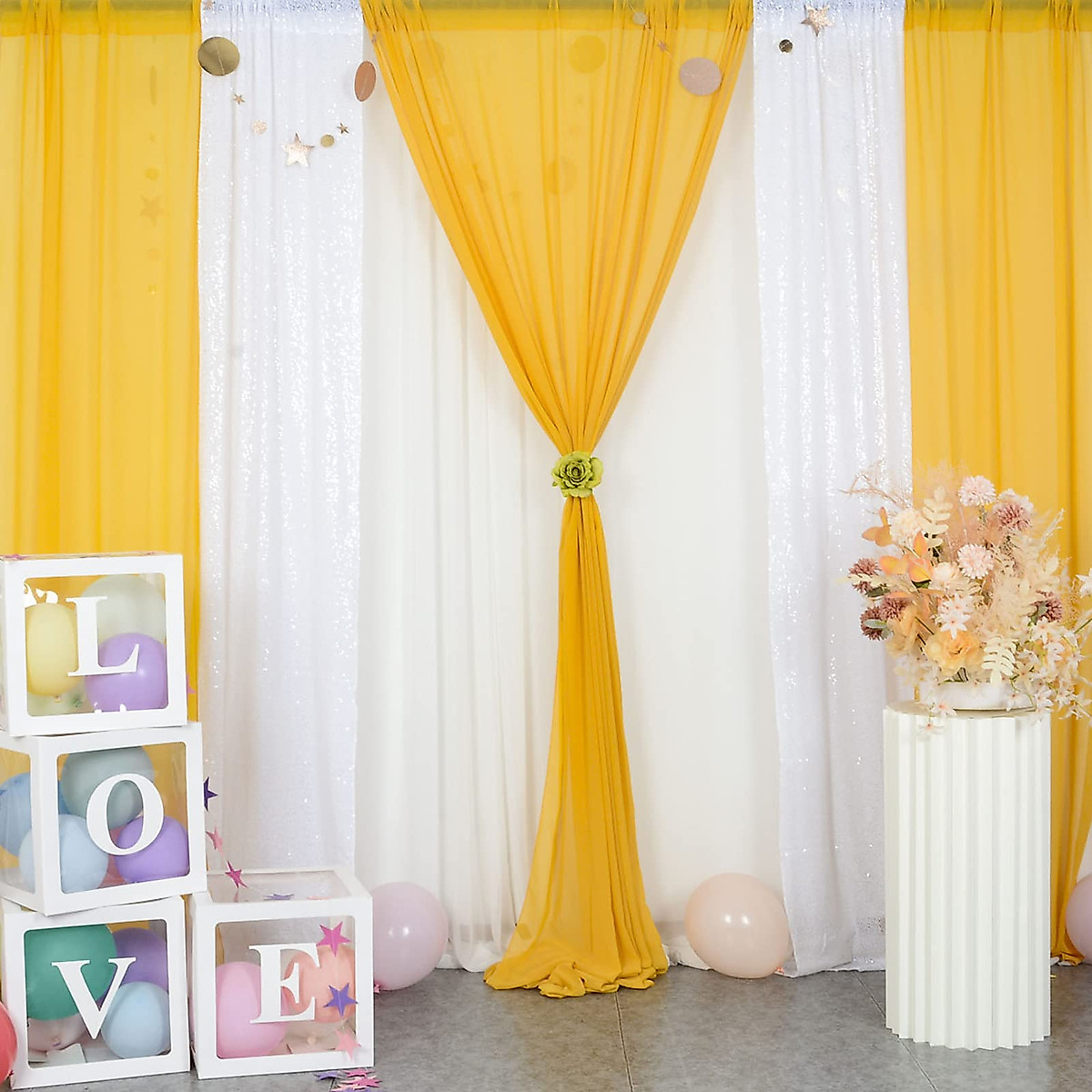 DUOBAO Chiffon Backdrop Curtain Gold Chiffon Fabric Drapes for Wedding Ceremony Sheer Curtains 2 Panels 29''x120'' Photography Backdrops Drape See Through Fabrics