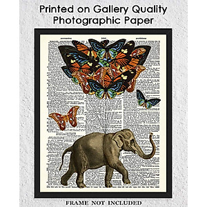 Elephant With Butterfly Balloons Dictionary Wall Art Print: Unique Room Decor for Boys, Men, Girls & Women - (8x10) Unframed Picture