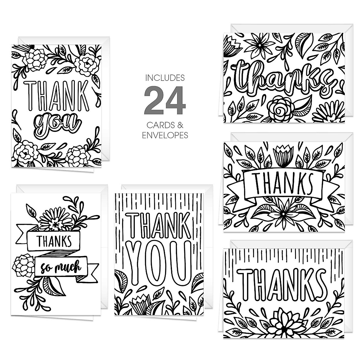 Thank You Coloring Note Cards / 24 Color Yourself Grateful Cards With Envelopes / 6 Floral Appreciation Designs / 3 1/2" x 4 7/8" Black White Coloring Gratitude Notes