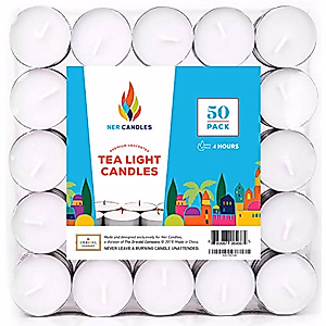Ner Candles Unscented Tea Lights Candles in Bulk, Smokeless, Dripless & Long Lasting Tea Candles, Small Votive Mini Tealight Candles for Home, Pool, Shabbat, Weddings & Emergencies (Pack of 50)