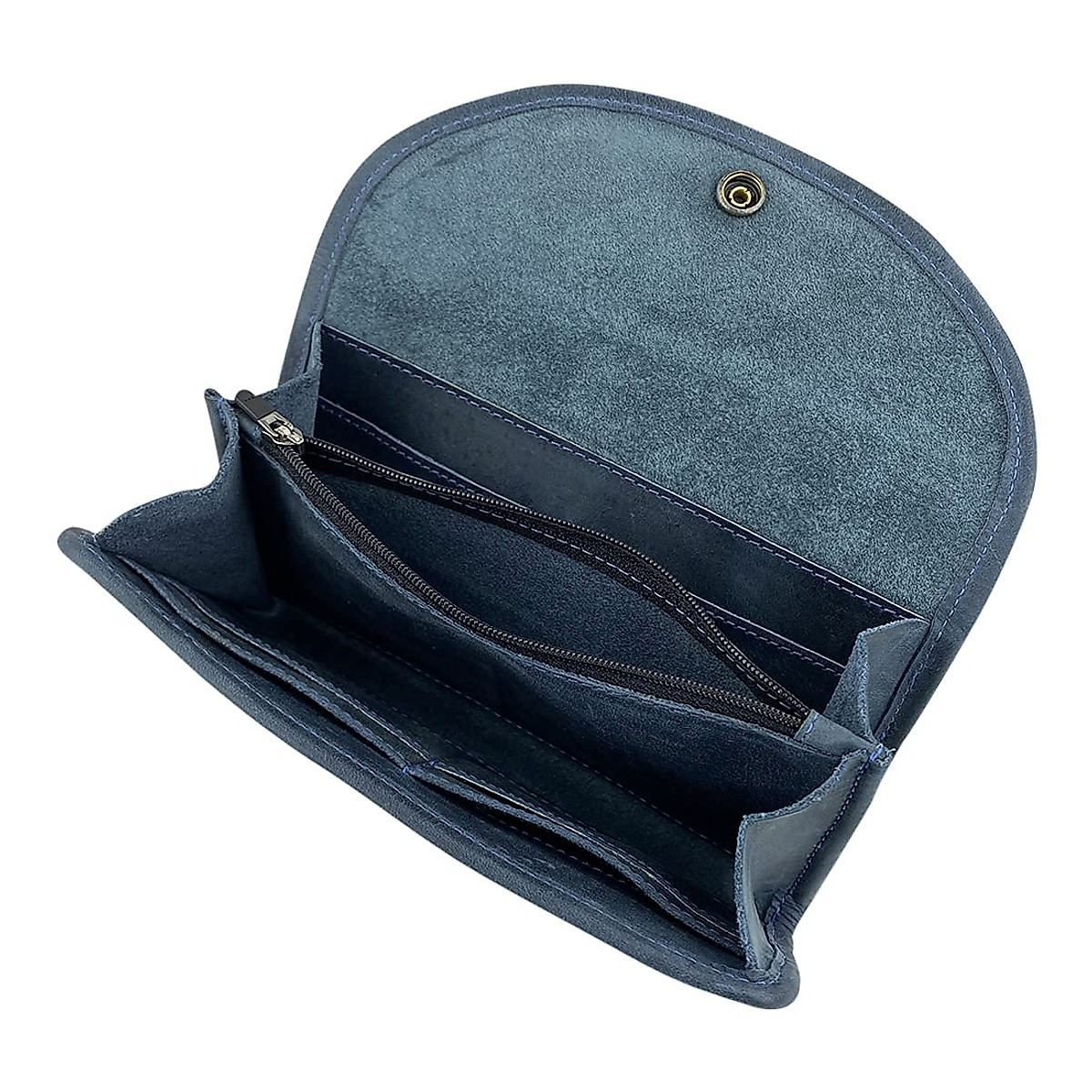 Hide & Drink, Full Grain Leather Snap Clutch Wallet for Women, Money Holder and Card Organizer with Zippered Pouch, Handmade, Slate Blue