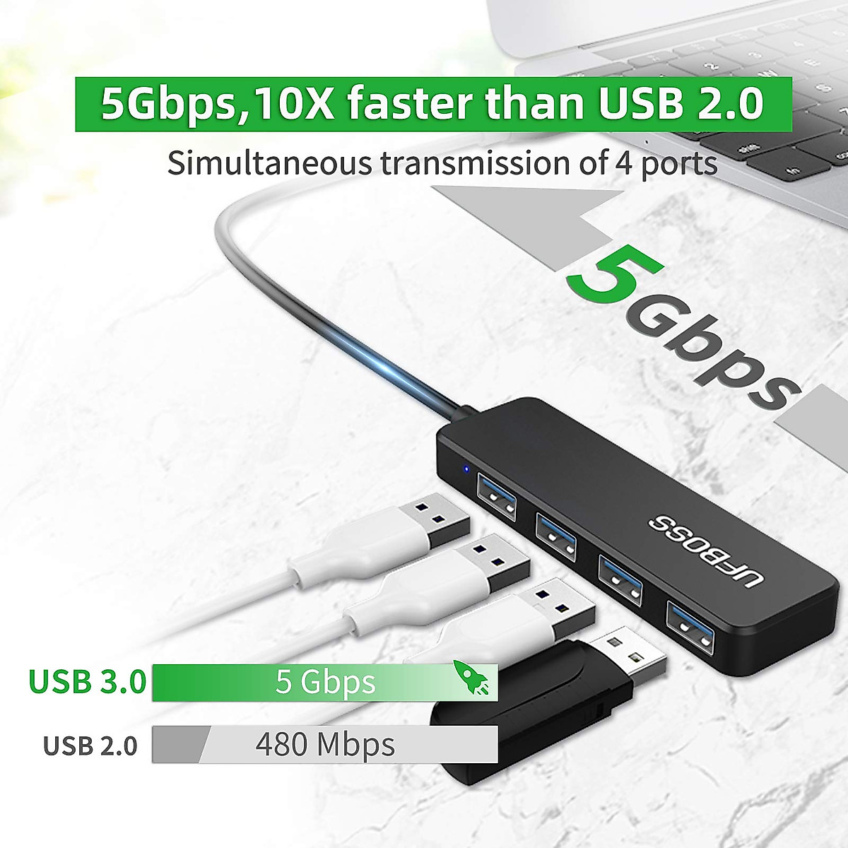 UFBOSS 4 Port USB 3.0 Hub, USB Hub for Laptop USB 3.0 Splitter with 1 Ft Long Cable