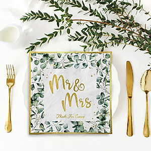 AnyDesign 100 Pack Wedding Napkins 6.5 Inch Greenery Foil Gold Mr & Mrs Luncheon Napkins Eucalyptus Leaves Disposable Decorative Dinner Paper Napkins for Bridal Shower Engagement Wedding Party
