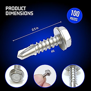 Bolt Dropper No. 6 x 1/2" Stainless Hex Washer Head Self Drilling Screws - 100 pc - 410 Stainless Steel Self Tapping TEK Screws, No. 2 Point, Plain Finish by Bolt Dropper