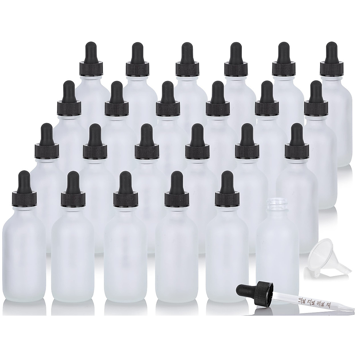 JUVITUS 2 oz Frosted Clear Glass Boston Round Bottle with Black Graduated Measurement Dropper (24 pack) + Funnel