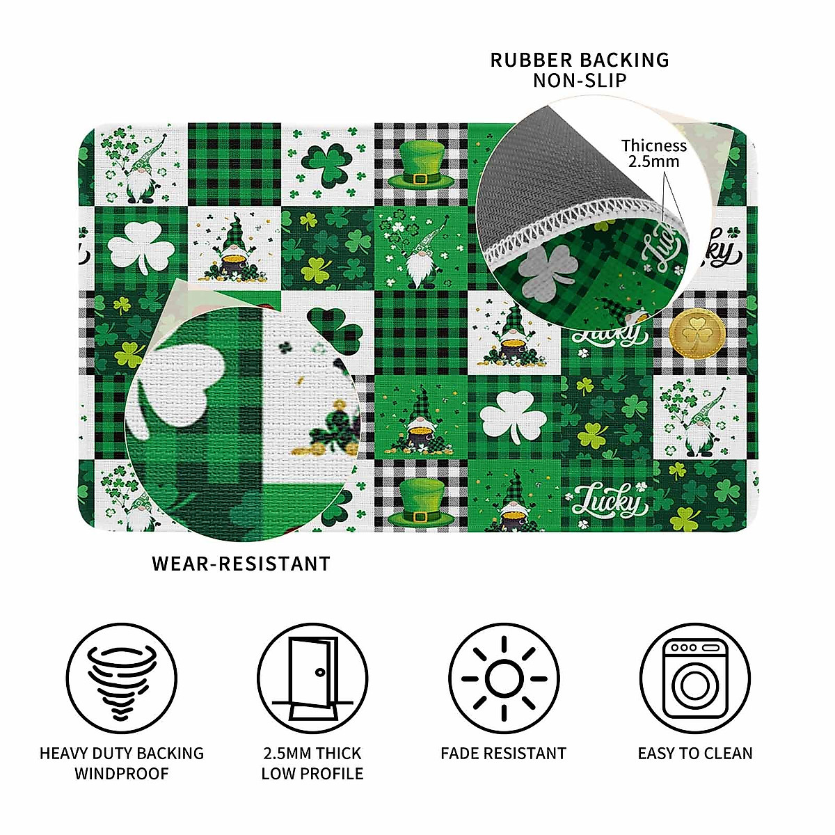 St Patrick's Day Doormat Rugs Outdoor/Indoor Lucky Shamrock Clover Gnomes Non-Slip Entrance Welcome Mat for Front Door/Kitchen/Bath/Bedroom/Patio/Entryway,16"x24", Green Buffalo Gingham Plaid